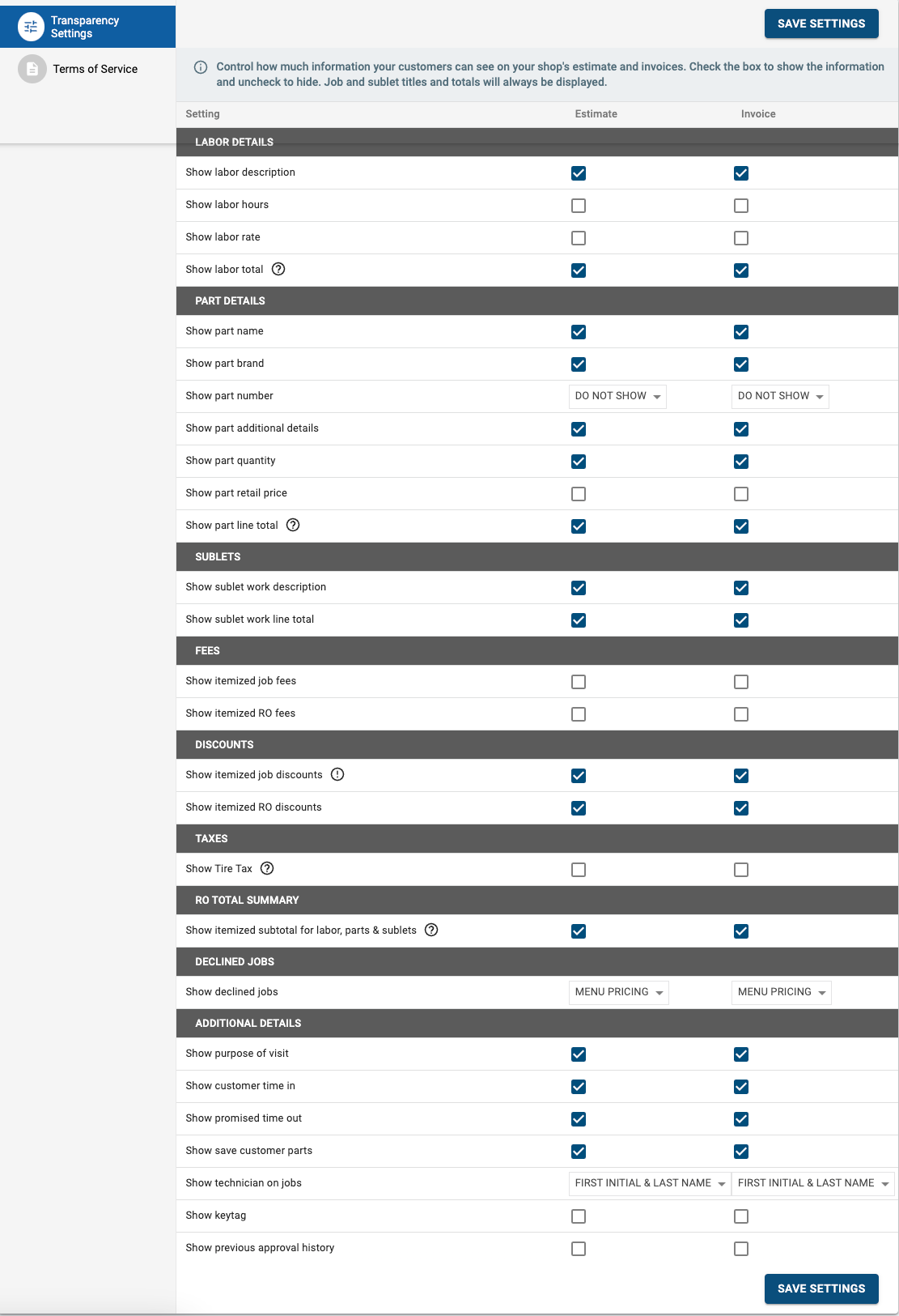 Estimate and Invoice Transparency Settings – Tekmetric