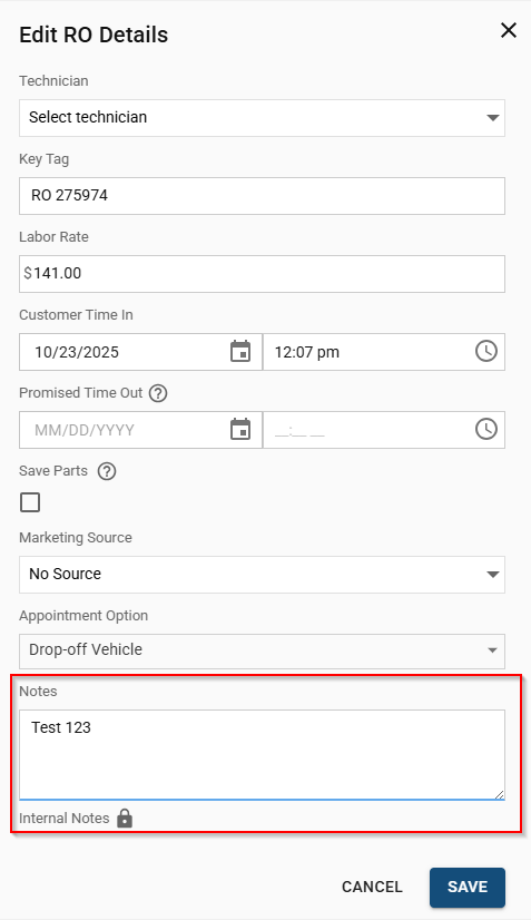 Creating Internal Notes on a Repair Order (RO) – Tekmetric